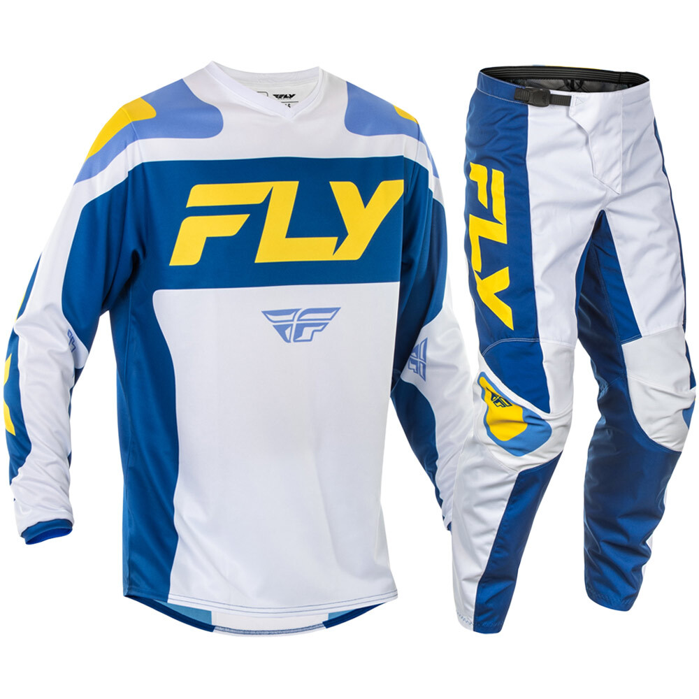 Fly Racing 2025 F-16 White/Dark Blue/Yellow Gear Set at MXstore